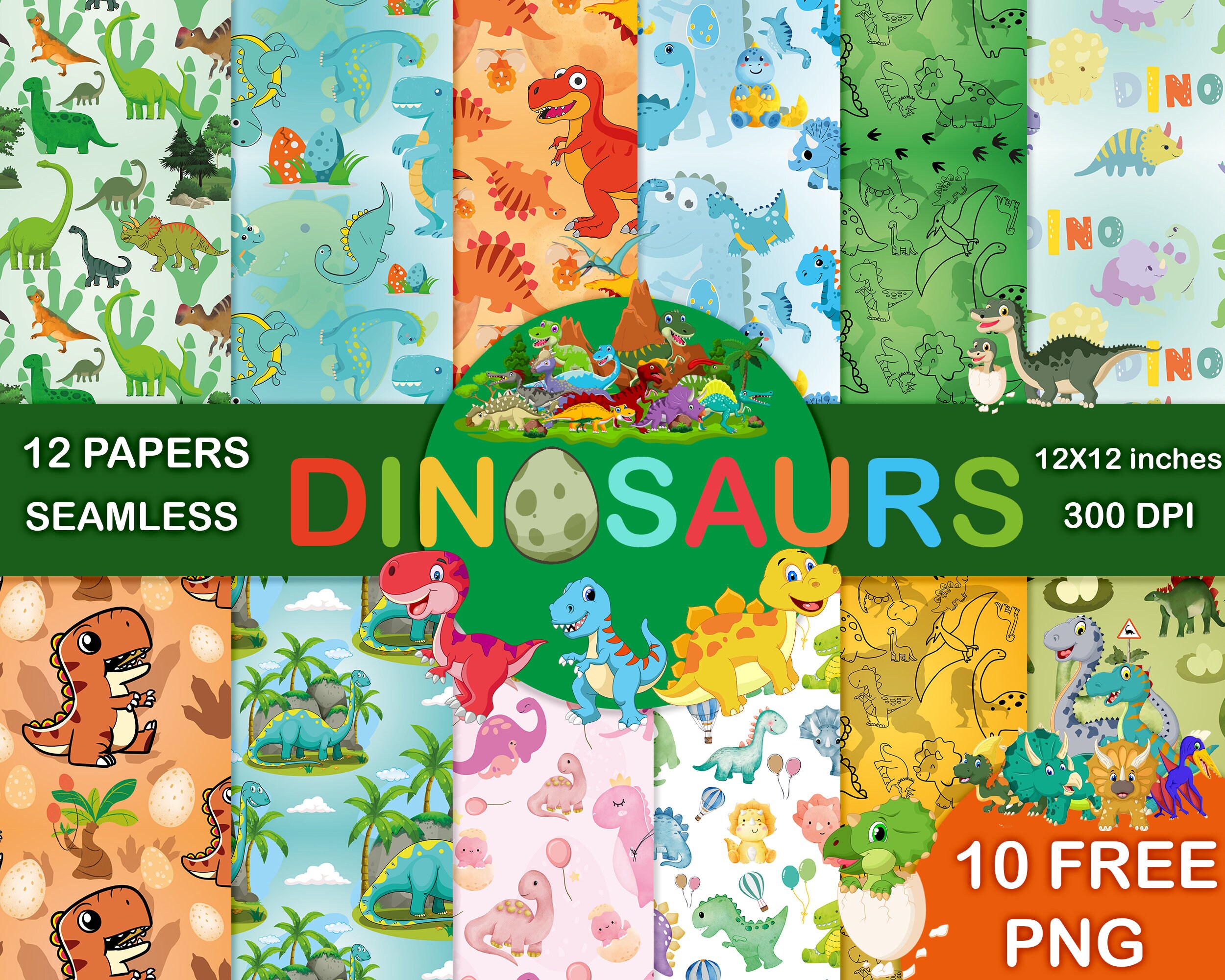 Dinosaur Papers, Dinasour Scrapbook Papers, Jurassic Papers, Digital ...