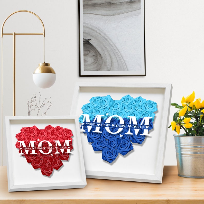 Personalized Flower Heart Shadow Box for Mom, Roses Shadowbox With Name ...