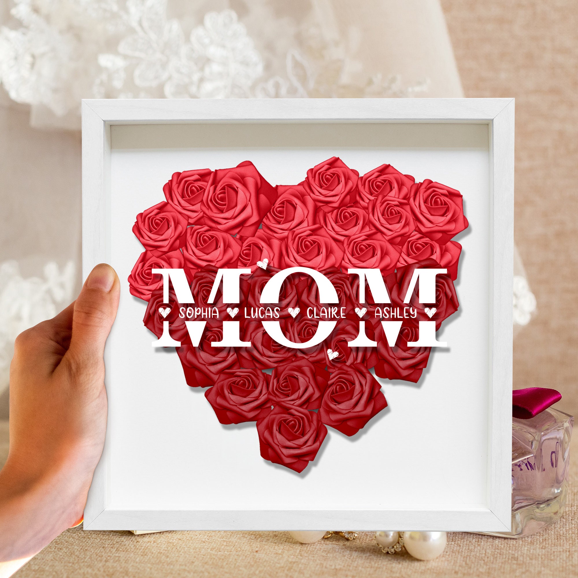Personalized Flower Heart Shadow Box for Mom, Roses Shadowbox With Name ...