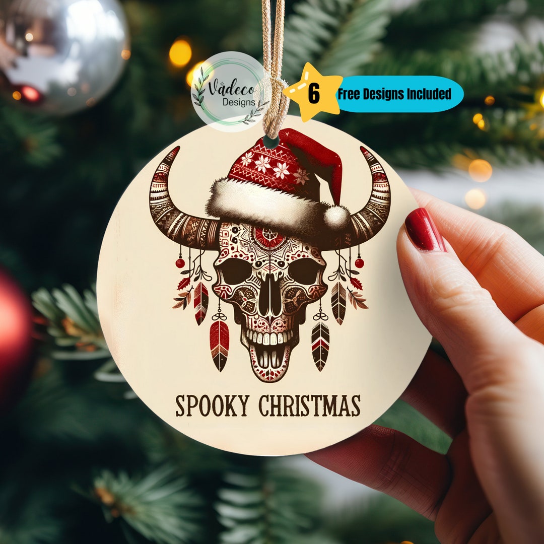 Boho Gothic Longhorn Cow Skulls Christmas Ornament PNG Sublimation ...