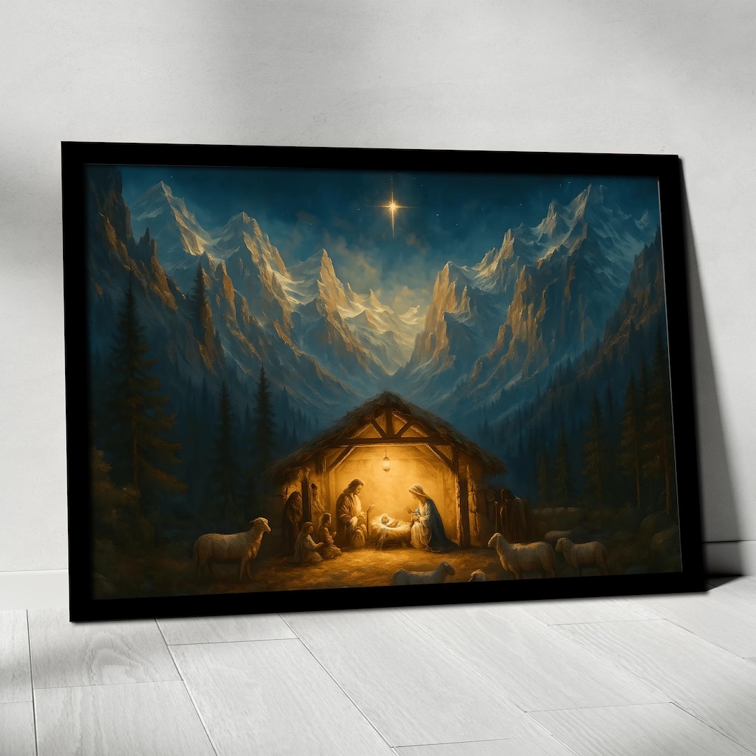 Nativity Scene Canvas Wall Art, Rustic Christmas Star Painting, Holy ...