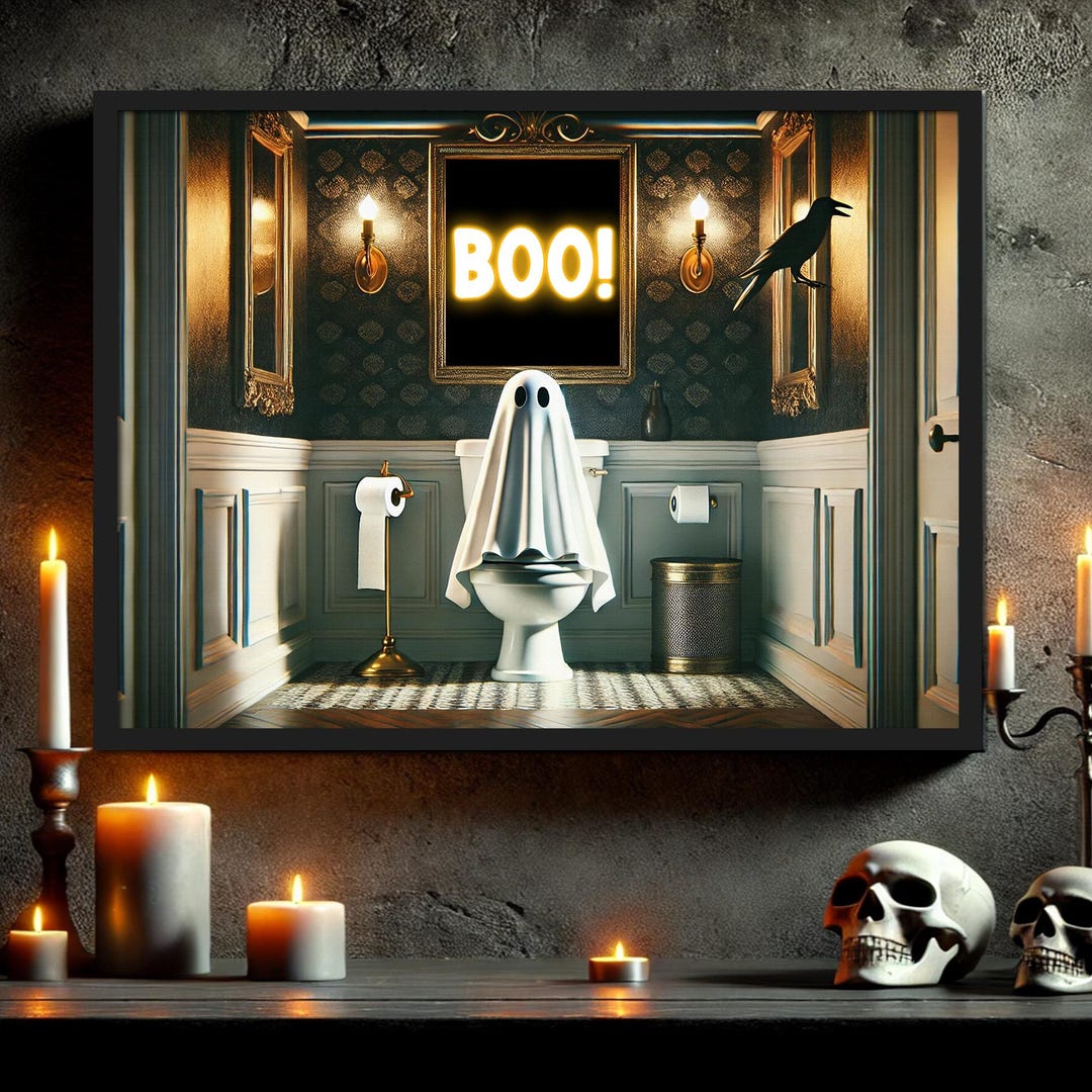 Cute Ghost on the Toilet Neon Canvas, Halloween Ghost Bathroom Art ...