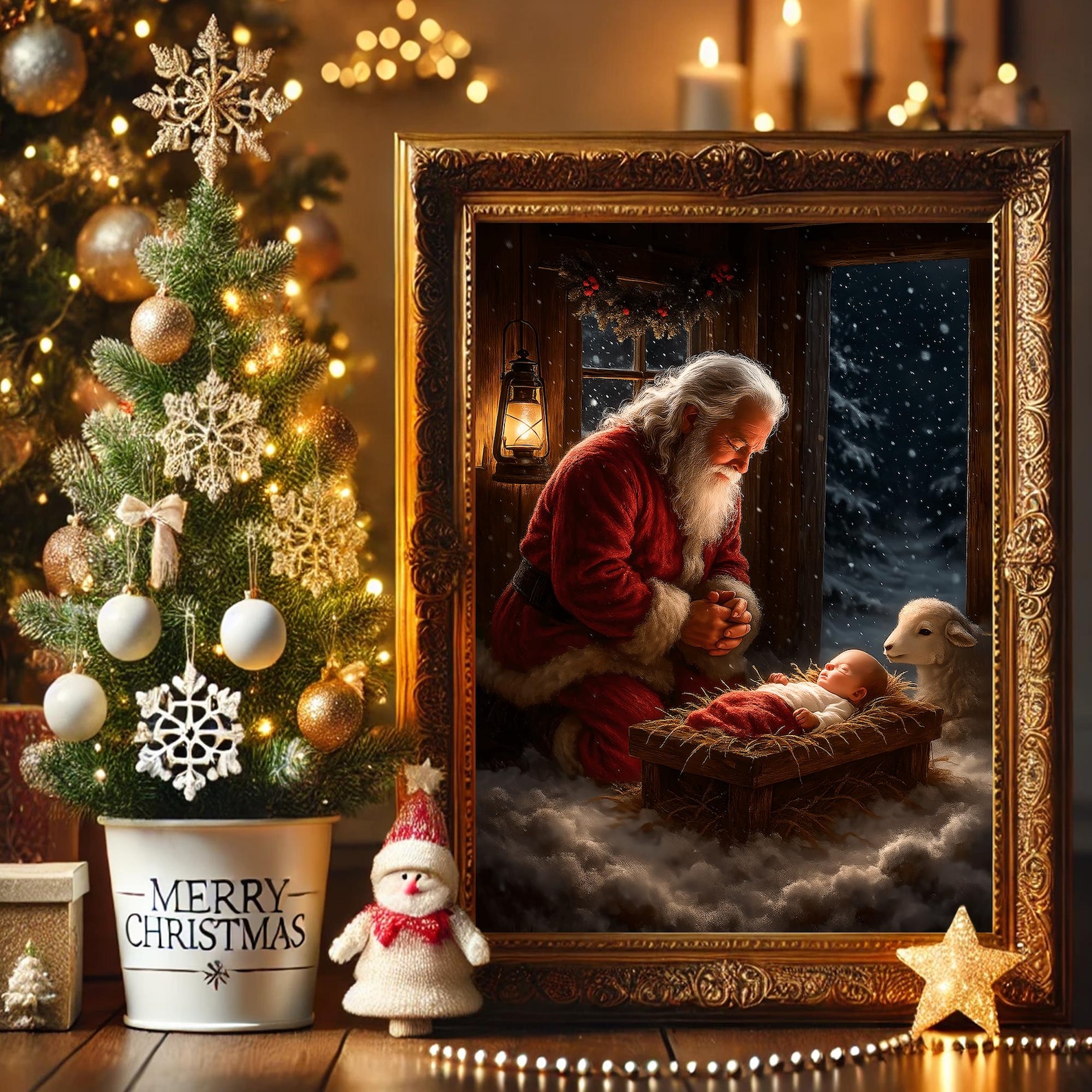 Santa Claus Praying to Baby Jesus, Kneeling Santa Nativity Scene Art ...