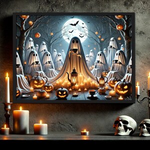 Halloween Wall Art Canvas, Ghost Tea Party Canvas, Gothic Art ...