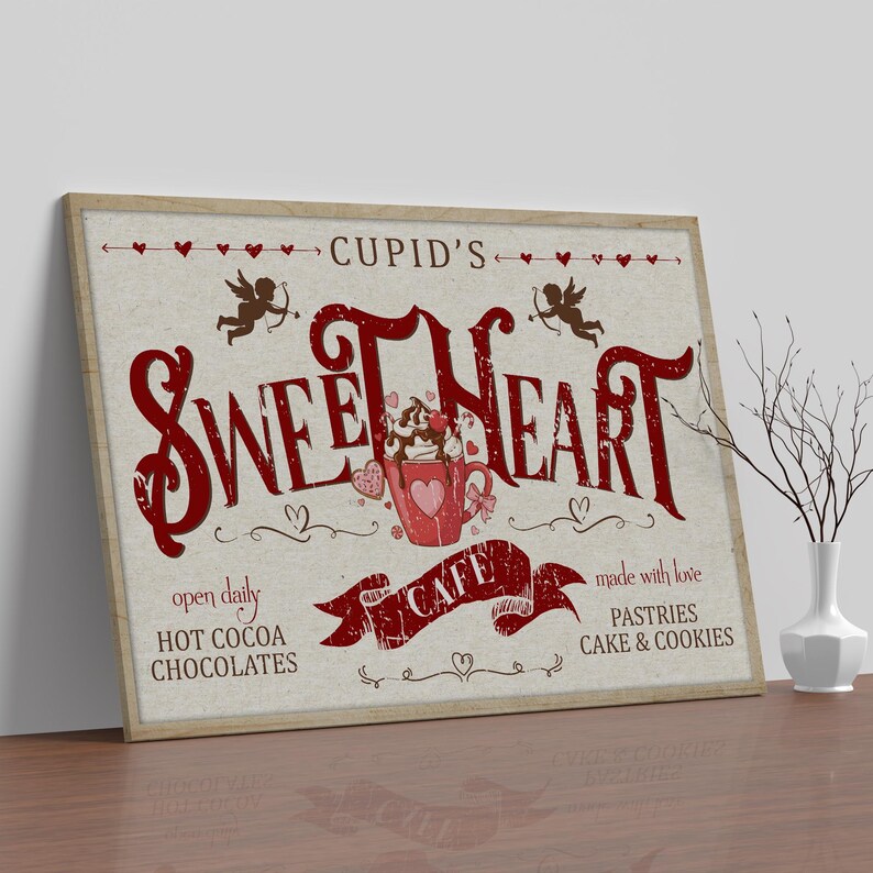 Cupid's Sweetheart Cafe Cocoa Bar Valentines Day Sign, Vintage Kitchen ...