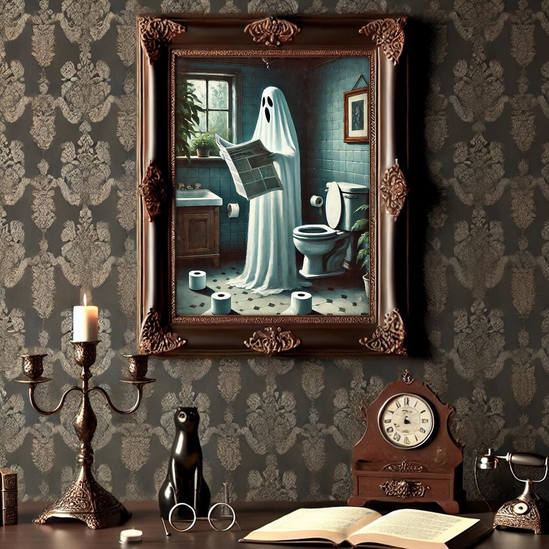 Ghost on Toilet Canvas, Ghost in Bathroom Art Canvas, Dark Academia ...