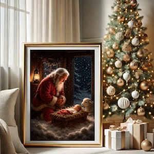 Santa Claus Praying to Baby Jesus, Kneeling Santa Nativity Scene Art ...