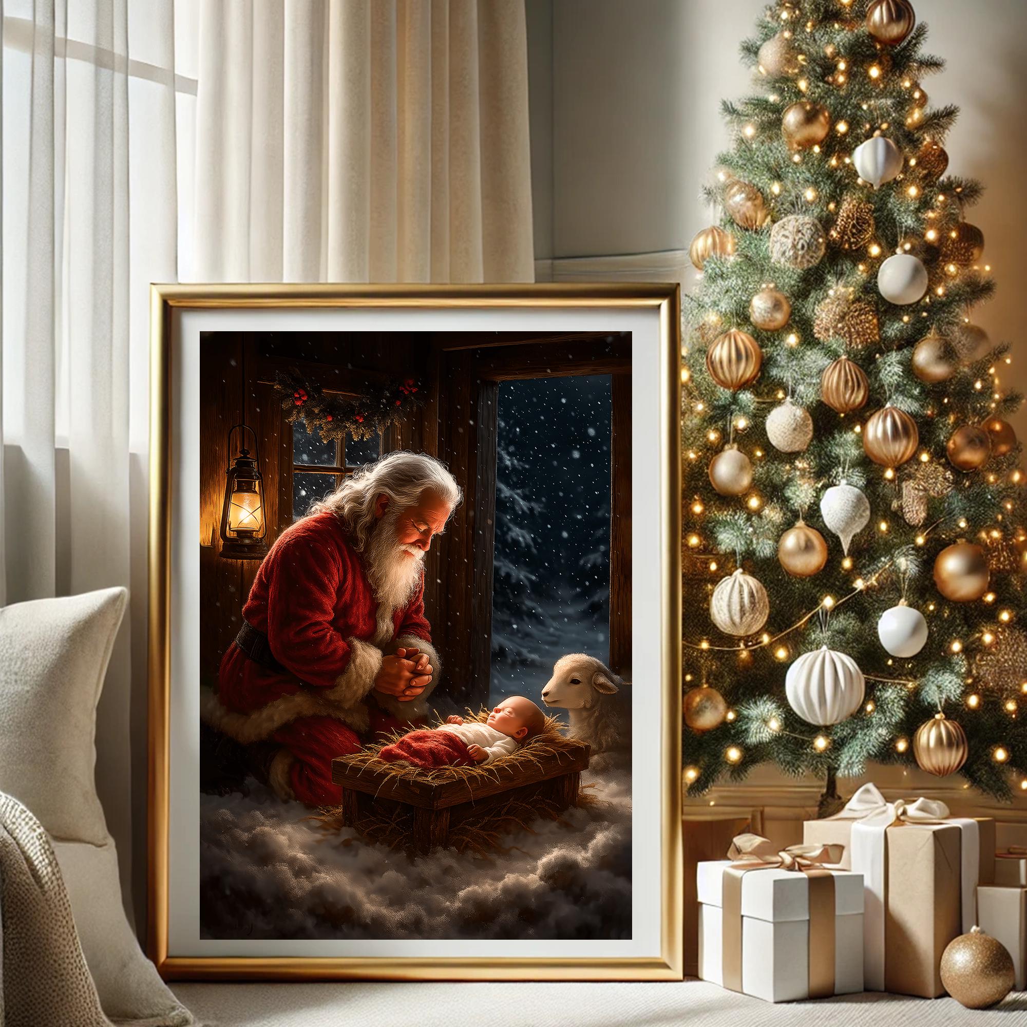 Santa Claus Praying to Baby Jesus, Kneeling Santa Nativity Scene Art ...