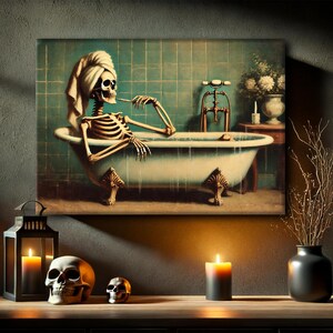 Skeleton Taking a Bath Canvas, Halloween Art Canvas, Gothicsoaking My ...