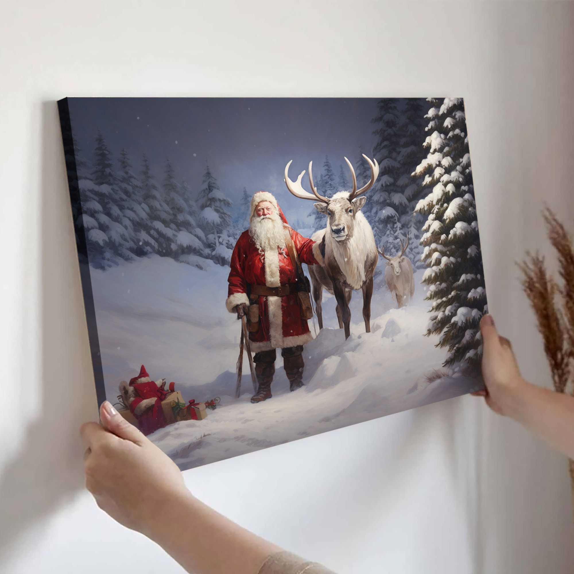 Santa's Reindeer Companionship Canvas, Vintage Christmas Wall Art ...