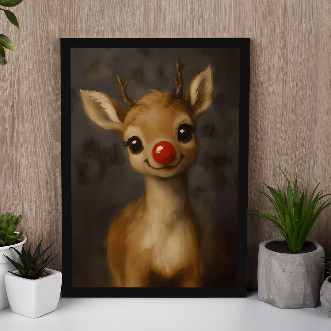 Rudolph Painting Reindeer Printable Wall Art, Whimsical Deer Christmas ...