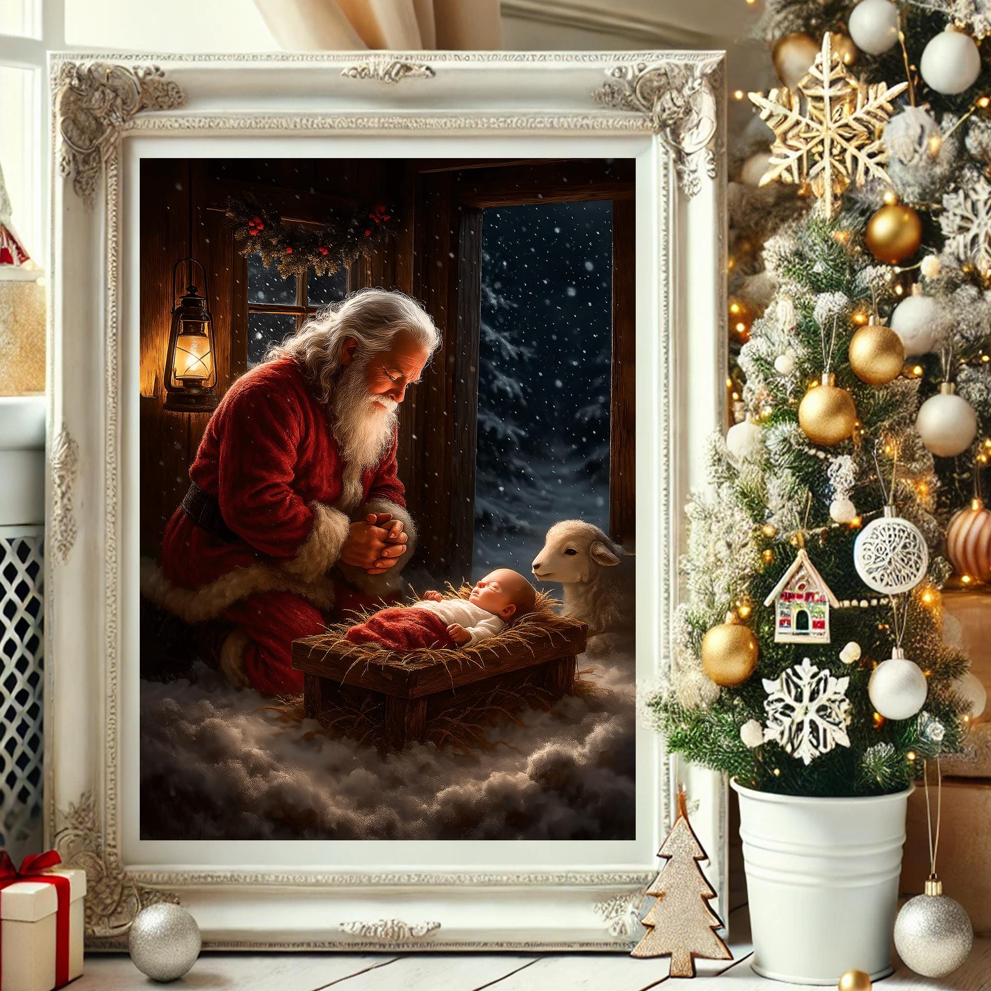 Santa Claus Praying to Baby Jesus, Kneeling Santa Nativity Scene Art ...