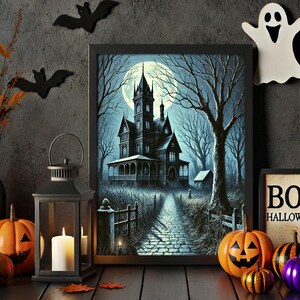 Haunted Victorian House Halloween Print Dark Halloween Decor, Halloween ...