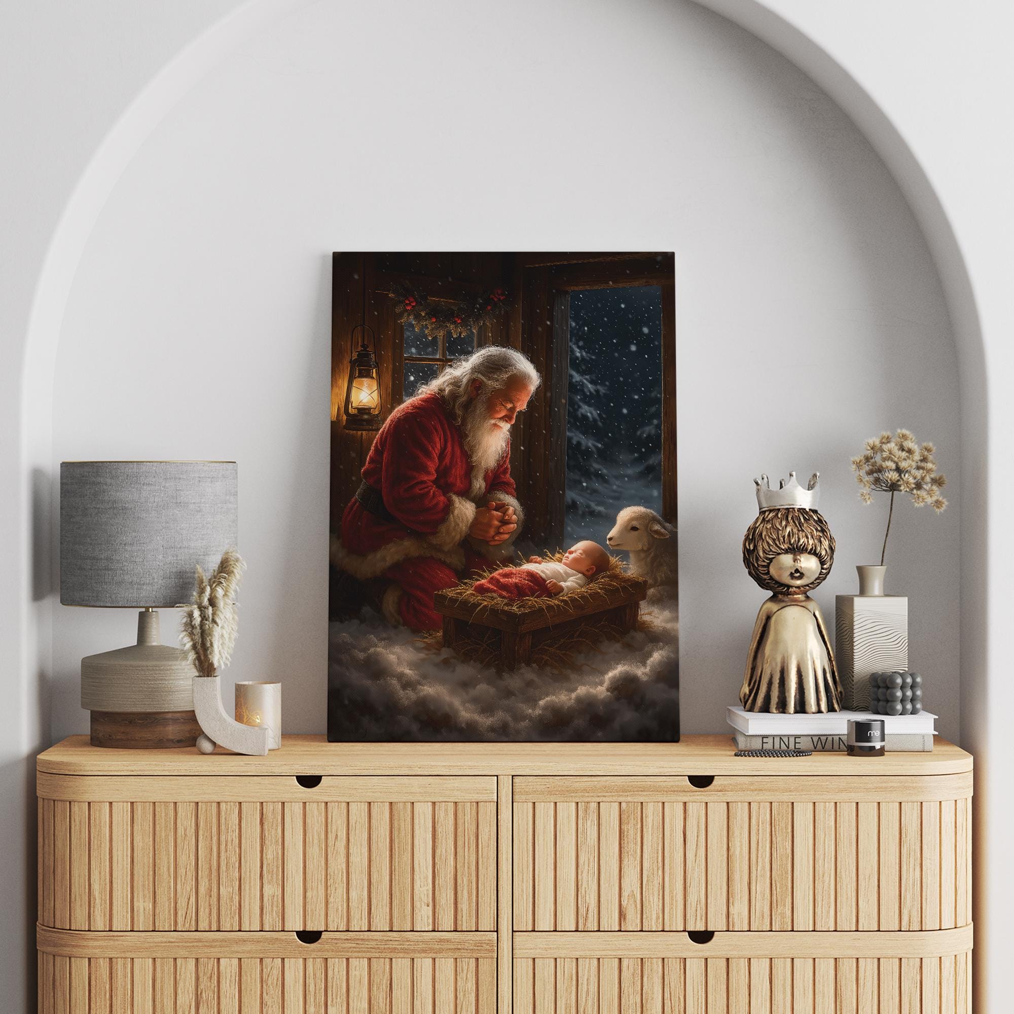 Santa Claus Praying to Baby Jesus, Kneeling Santa Nativity Scene Art ...
