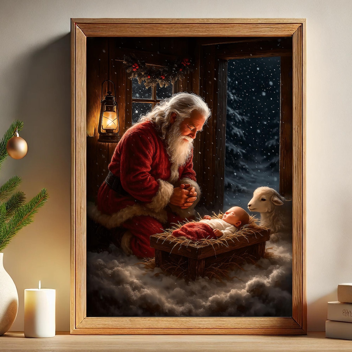Santa Claus Praying to Baby Jesus, Kneeling Santa Nativity Scene Art ...