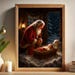 Santa Claus Praying to Baby Jesus, Kneeling Santa Nativity Scene Art ...