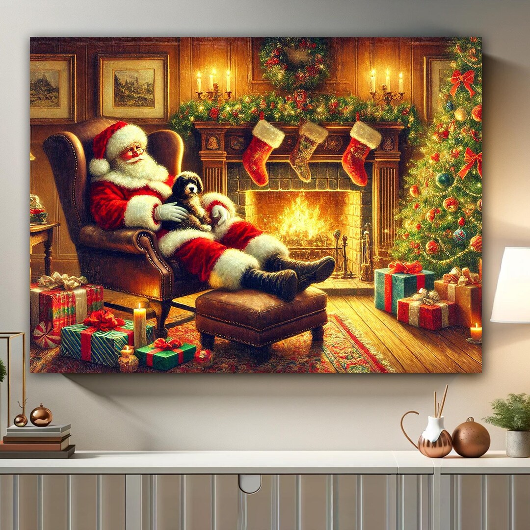 Vintage Christmas Wall Art Christmas Santa Dog Canvas, Christmas Art Holiday Winter Canvas ...