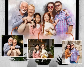 Custom Watercolor Family Portrait From Merging Multiple Photos, Combine ...