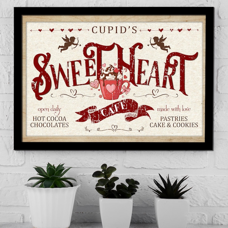 Cupid's Sweetheart Cafe Cocoa Bar Valentines Day Sign, Vintage Kitchen ...