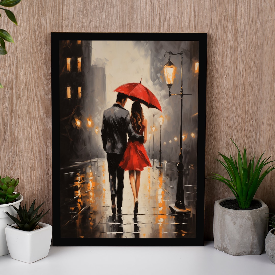 Couple in Love in the Rain Under Umbrella Impressionist Painting Canvas ...