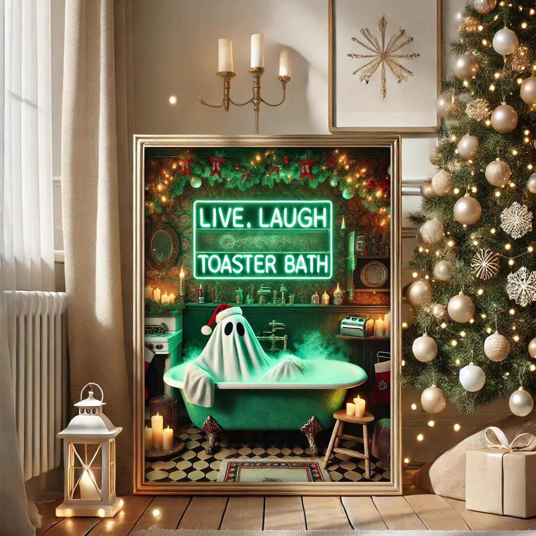 Live, Laugh Toaster Bath Ghost Christmas Hat in Bathtub Canvas, Ghost ...
