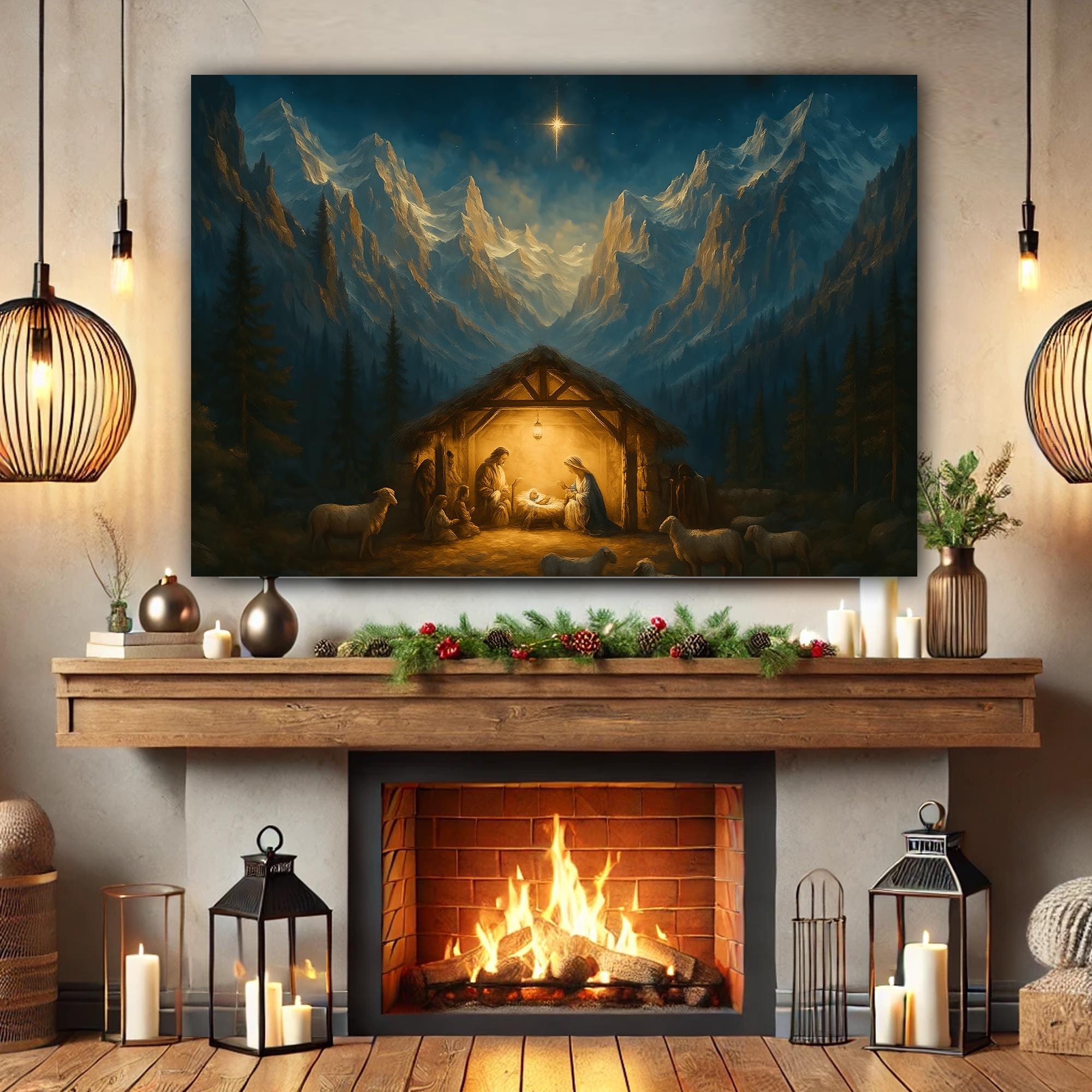 Nativity Scene Canvas Wall Art, Rustic Christmas Star Painting, Holy ...