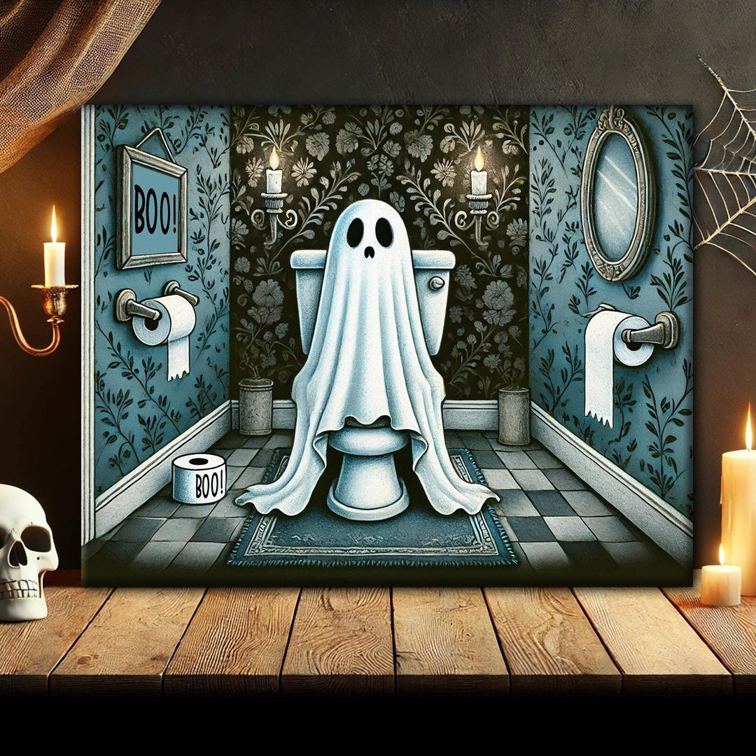 Cute Ghost on the Toilet Canvas, Halloween Ghost Bathroom Art Canvas ...