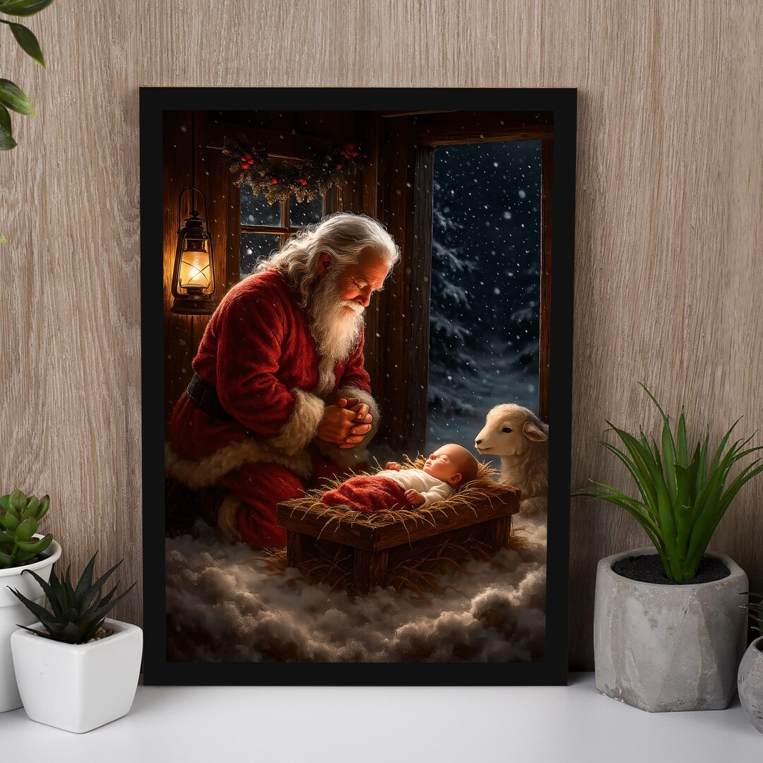 Santa Claus Praying to Baby Jesus, Kneeling Santa Nativity Scene Art ...