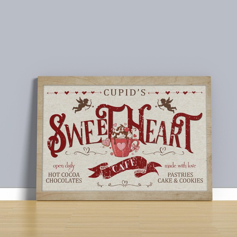 Cupid's Sweetheart Cafe Cocoa Bar Valentines Day Sign, Vintage Kitchen ...