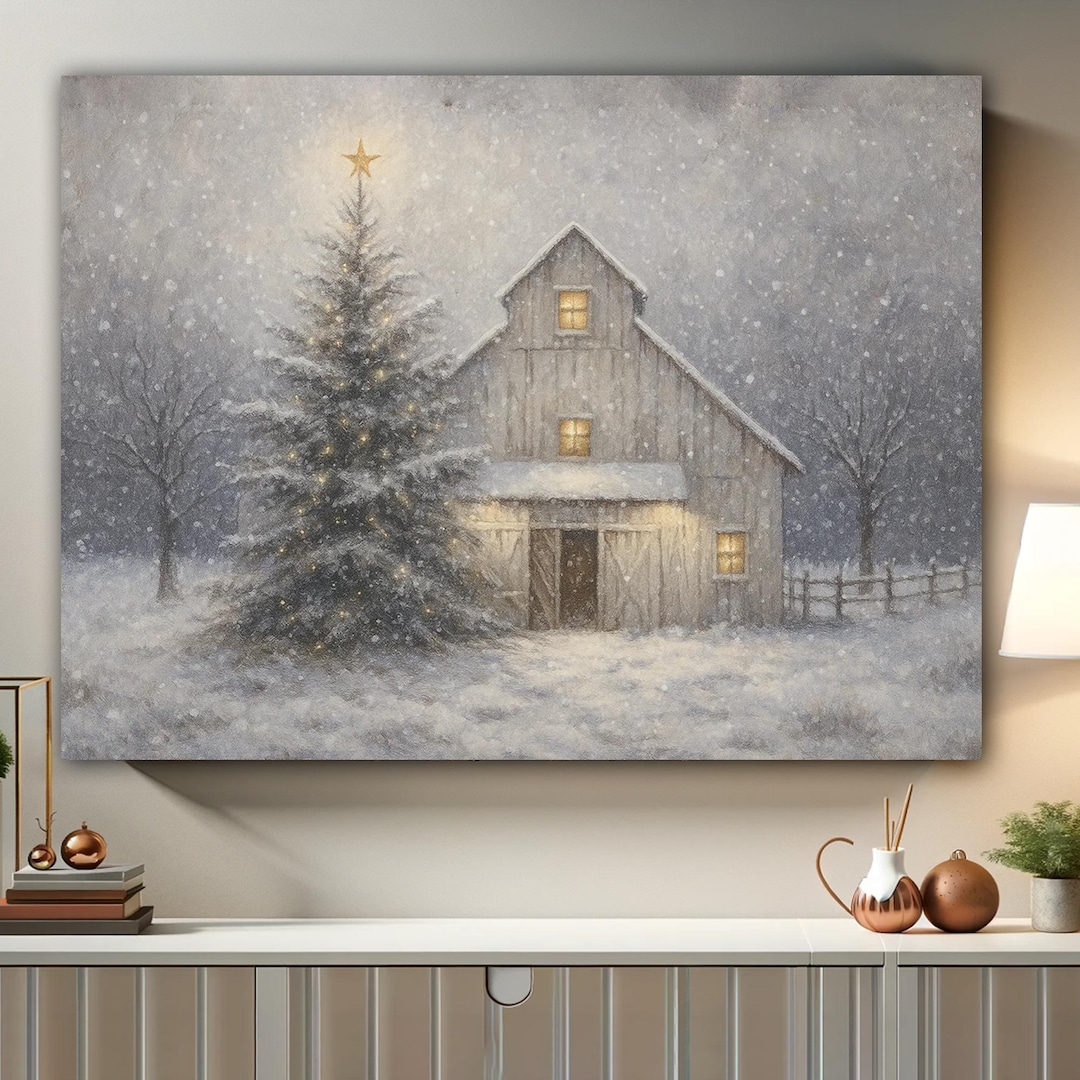 Rustic Christmas Barn Wall Art, Snowy Winter Barn Scene Canvas Print ...