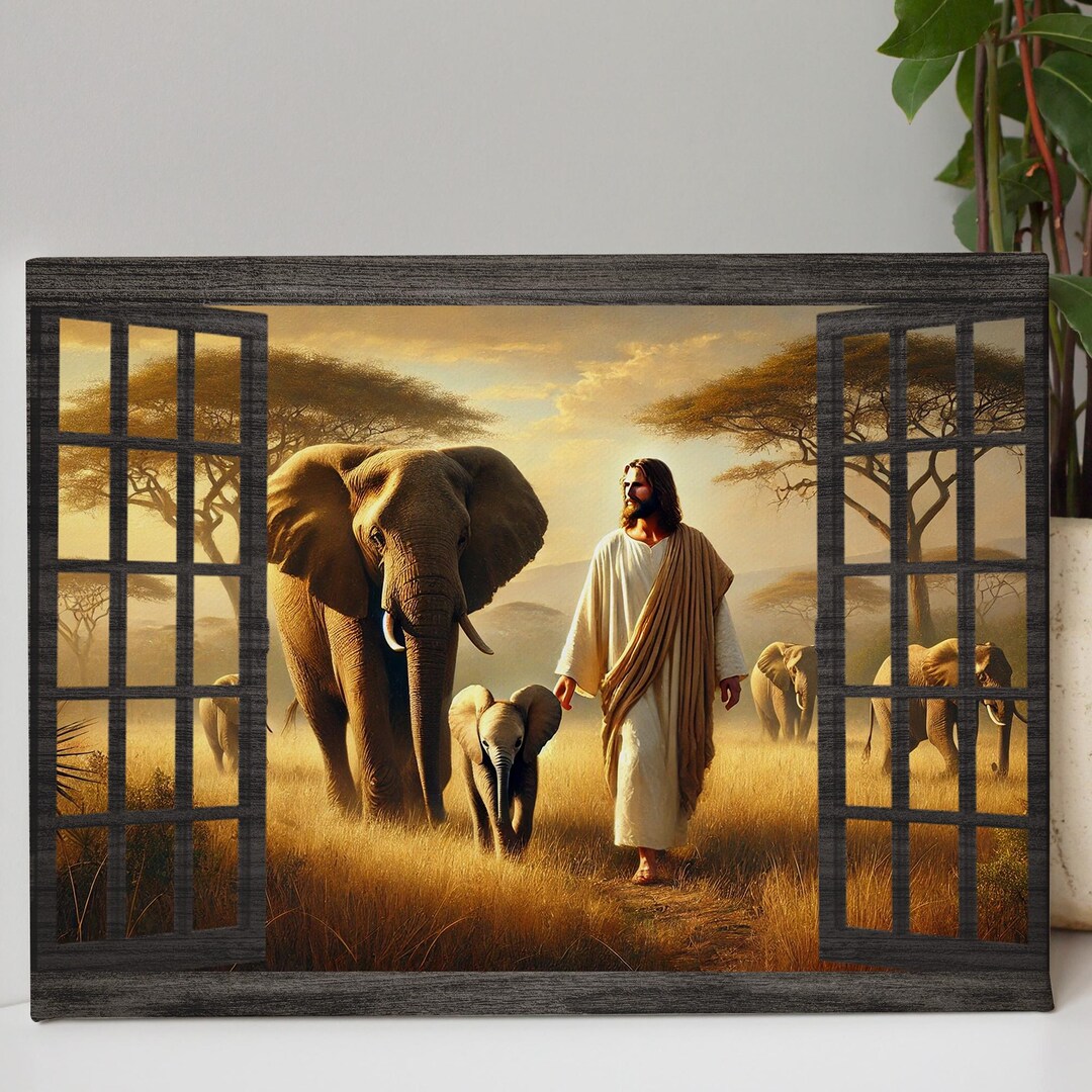 Jesus and Elephants Wall Art, Christian Window View Canvas, Safari ...