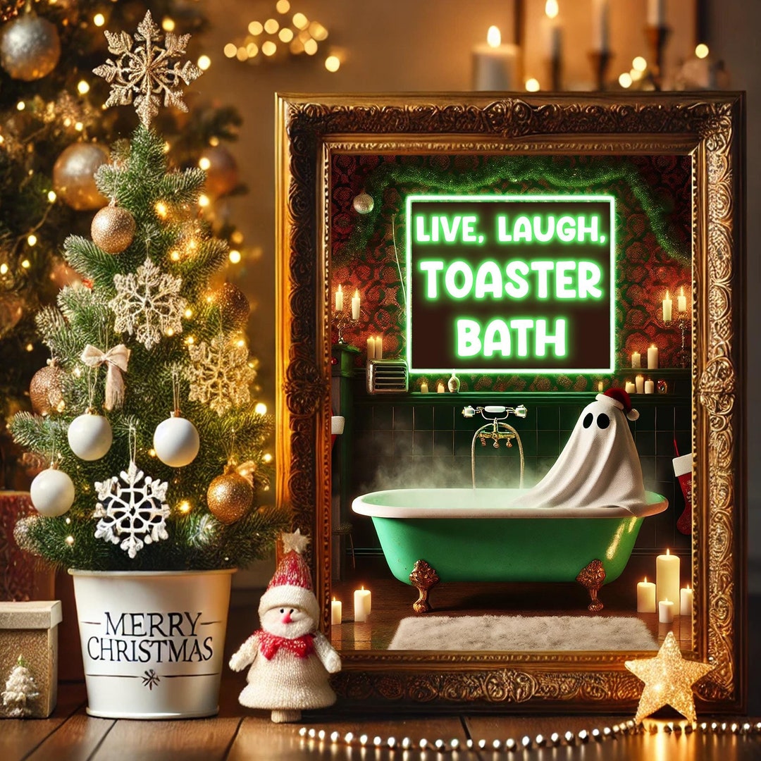 Live, Laugh Toaster Bath Ghost Christmas Hat in Bathtub Poster, Ghost ...