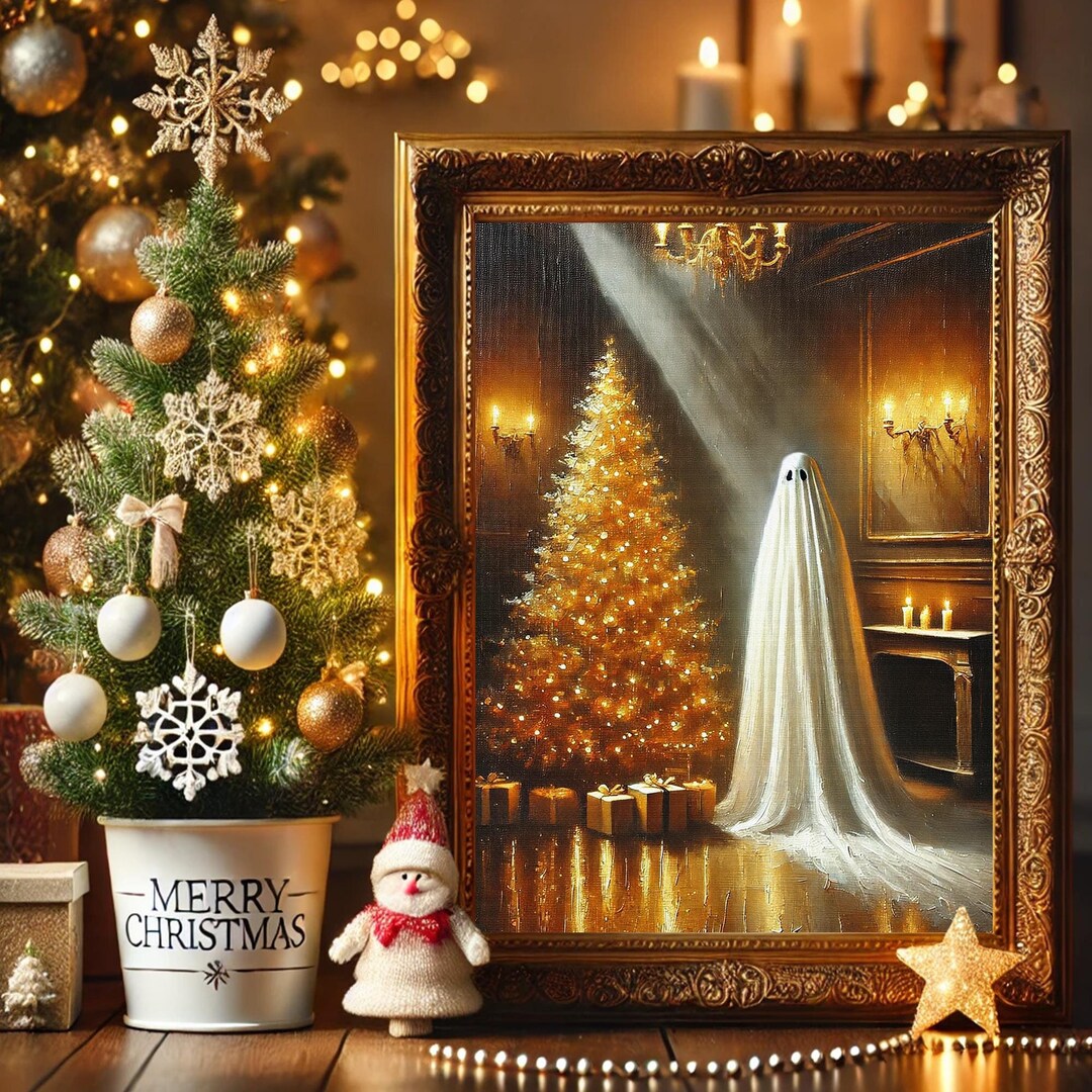 Christmas Ghost Beside Xmas Tree Canvas, Christmas Poster Home Decor ...