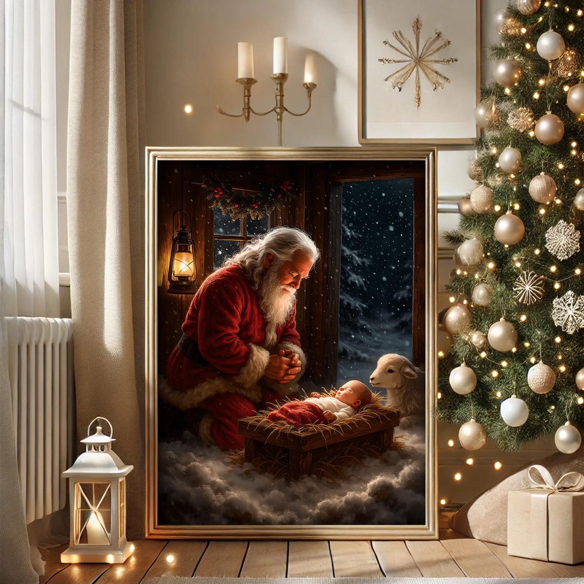 Santa Claus Praying to Baby Jesus, Kneeling Santa Nativity Scene Art ...
