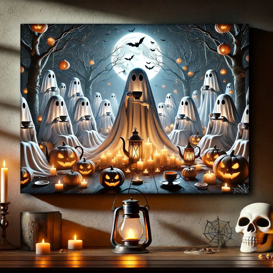 Halloween Wall Art Canvas, Ghost Tea Party Canvas, Gothic Art ...