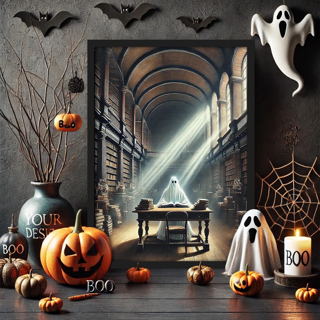 Ghost in the Library Canvas, Ghost Reading a Book Poster, Vintage ...