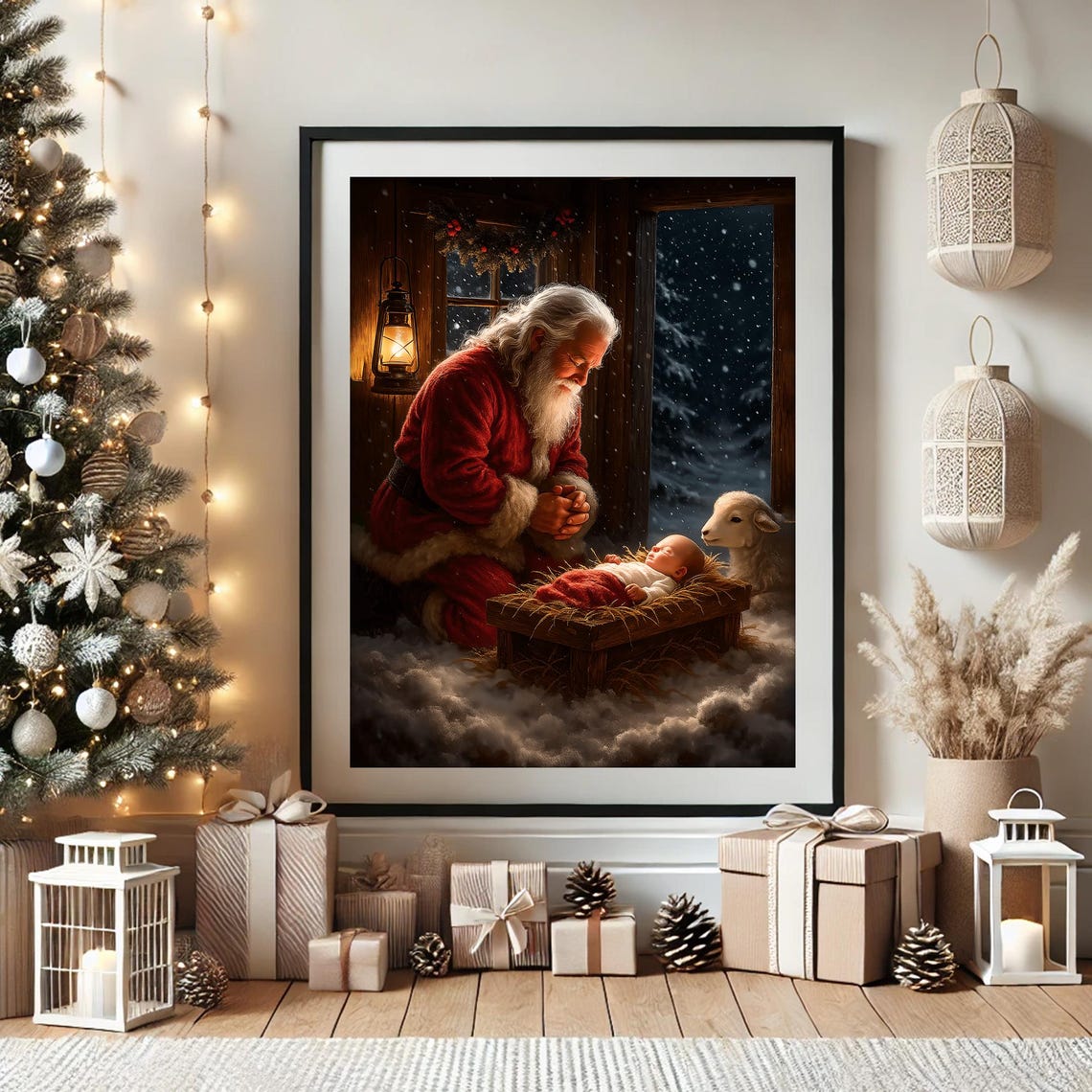 Santa Claus Praying to Baby Jesus, Kneeling Santa Nativity Scene Art ...