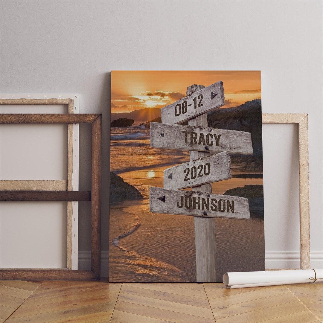 Custom Beach Sign Canvas, Personalized Wooden Sign Canvas, Beach Sunset ...