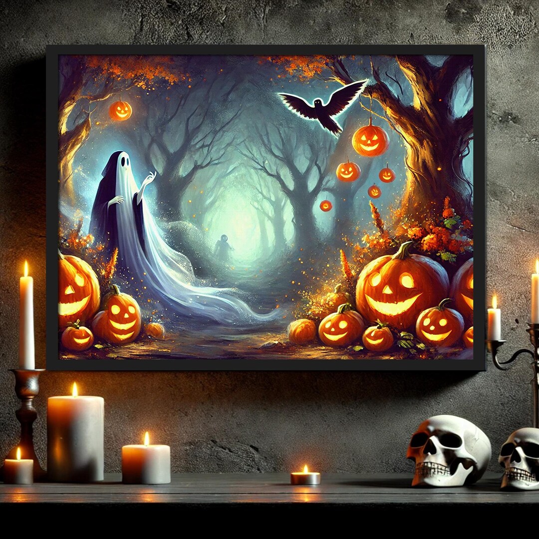 Ghost in the Woods With Pumpkins Canvas, Dark Academia, Cottage Core ...