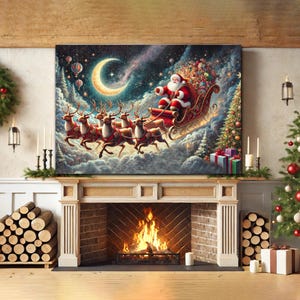Santa Sleigh Wall Art Canvas, Christmas Decor Featuring Santa Claus ...