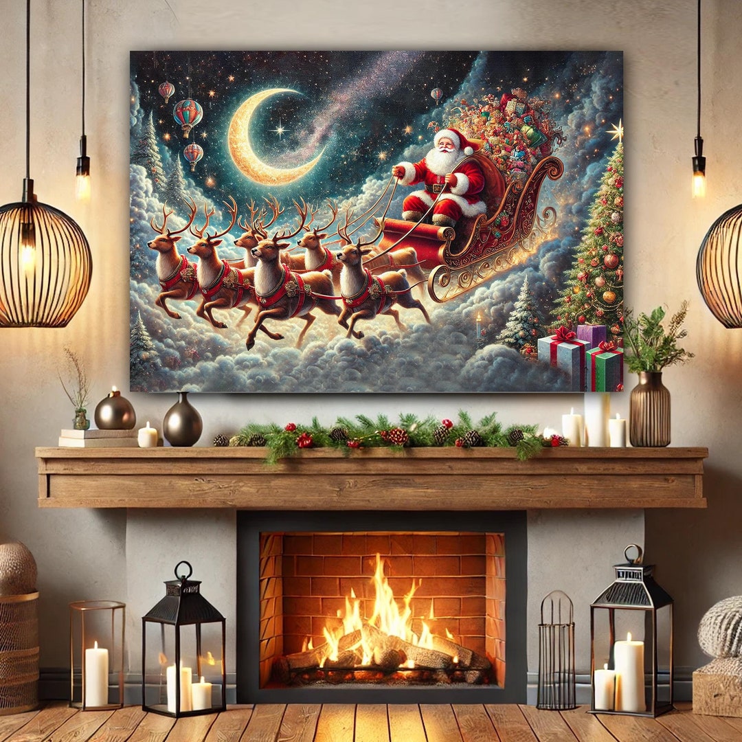 Santa Sleigh Wall Art Canvas, Christmas Decor Featuring Santa Claus ...