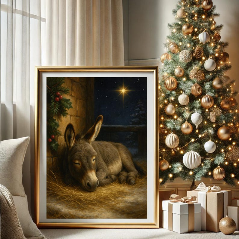Donkey in Nativity Scene Canvas, Christmas Donkey Wall Art, Religious ...