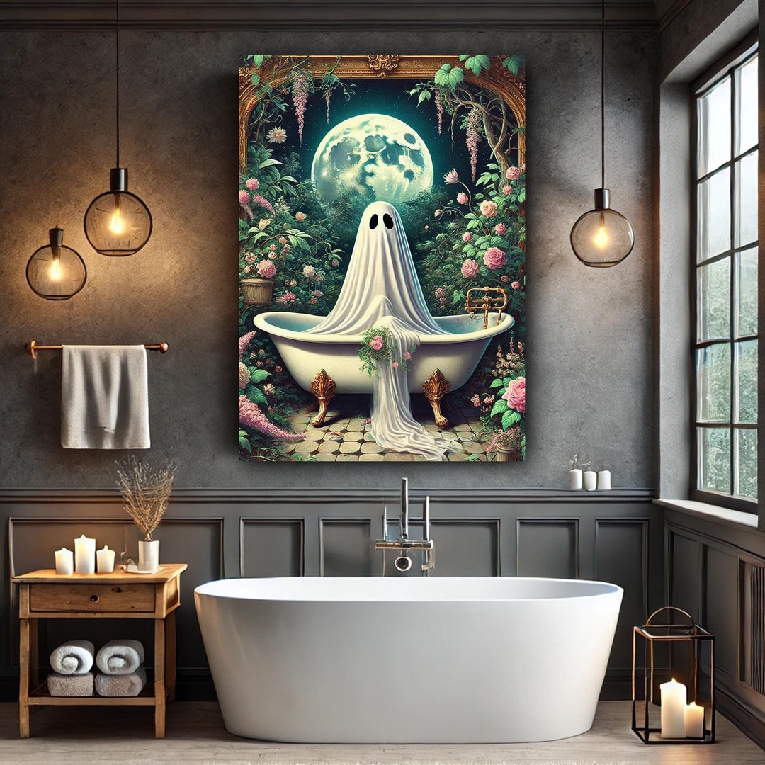 Ghost Takes A Bath Tub in Flower Forest Print, Dark Academia, Vintage ...