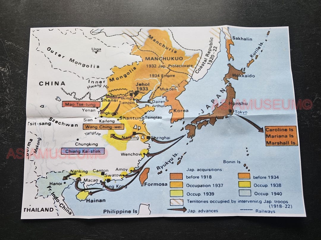 1940 WW2 USA America Japan Asia Pacific Map China Taiwan Korea Empire ...