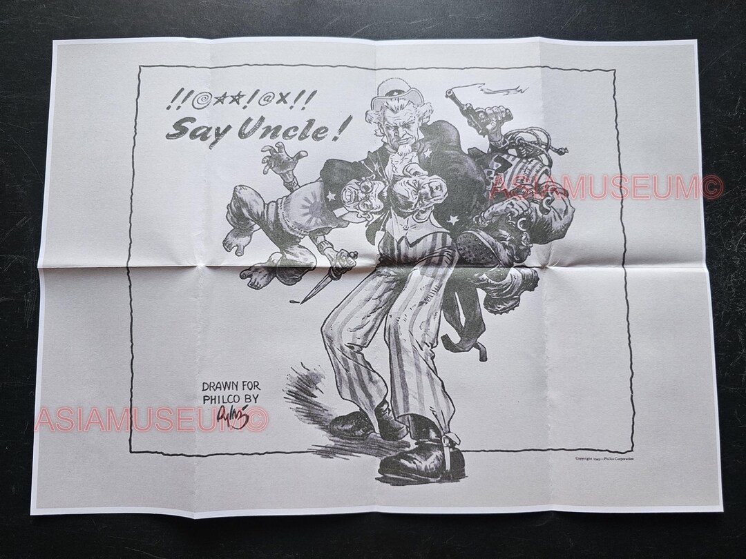 1940 WW2 USA America Caricature Drawing Uncle Sam Squeeze Germany Japan ...