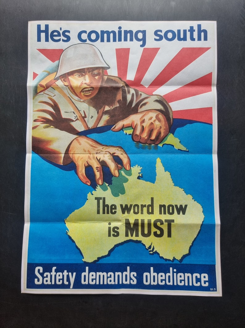 1941 WW2 USA America Japan He's Coming South Australia Safety Demands ...