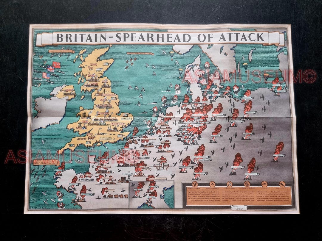 1943 WW2 USA America Britain D-day Map Europe Attack Germany Bombing ...