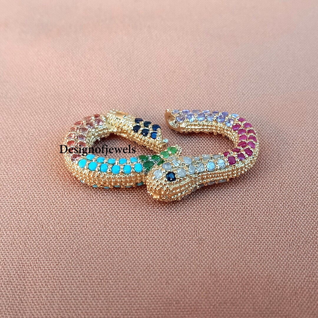 Multi Sapphire Snake Lock / 14k Yellow Gold Vermeil Jewelry / Push Lock ...