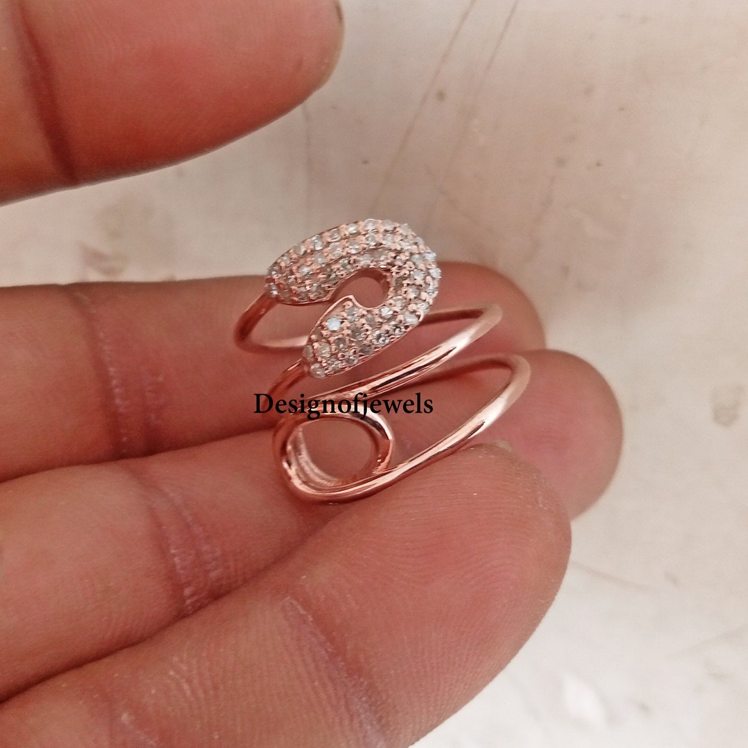 Safety Pin Ring, Natural Pave Diamond Jewelry, 14k Rose Gold Vermeil ...