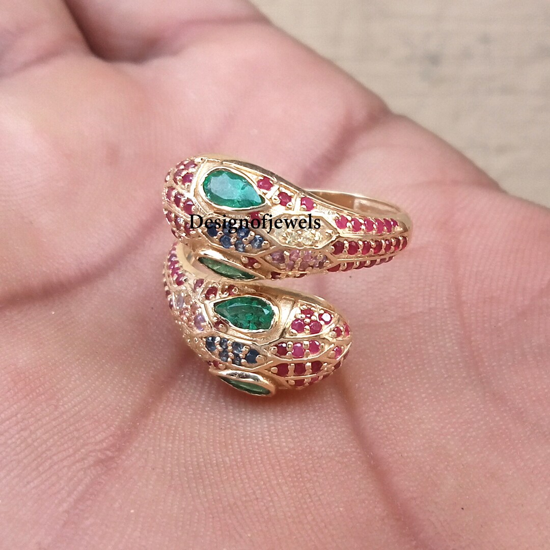 14k Gold Snake Ring, Snake Ruby Gemstone, Emerald Eye Snake Ring ...